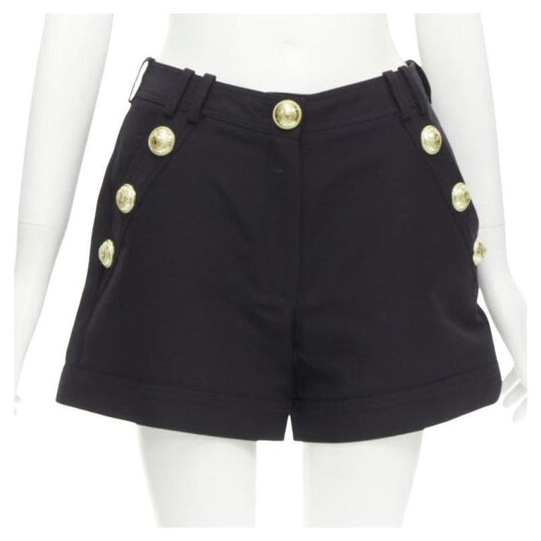 BALMAIN iconic gold military button black cotton high waist shorts FR36 ...
