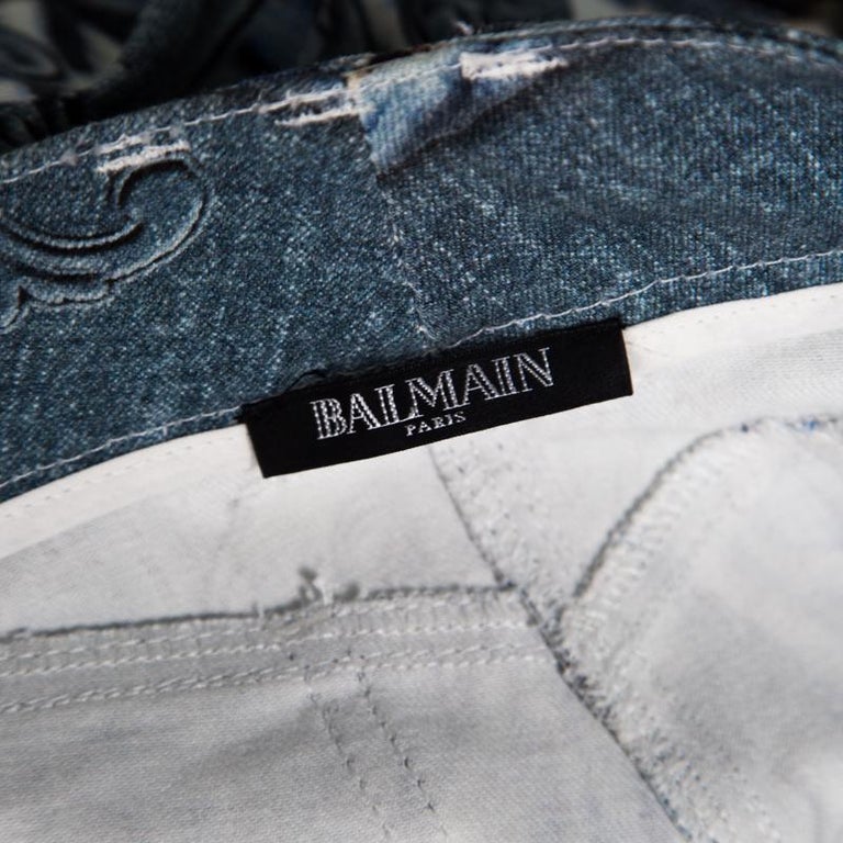 Balmain Indigo Light Washed Denim Baroque Printed Skinny Biker Jeans S ...