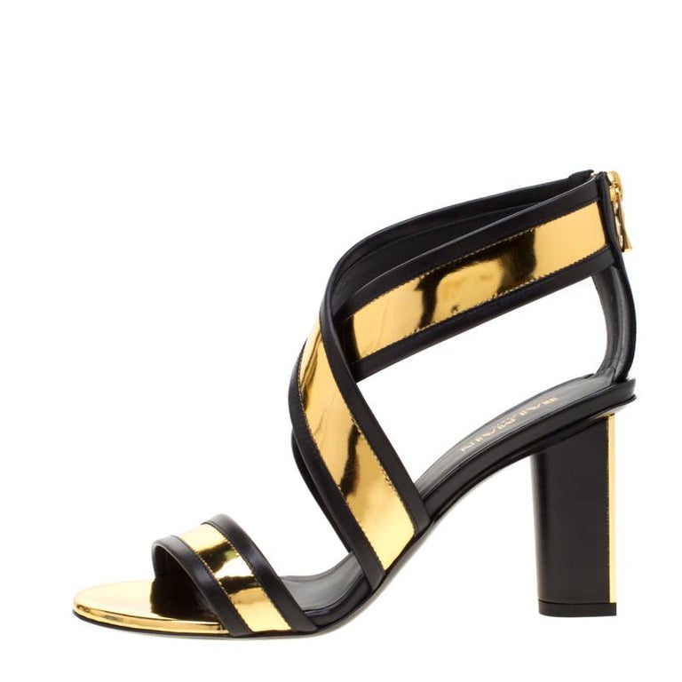 Balmain Metallic Gold And Black Leather Cross Strap Block Heel Sandals ...