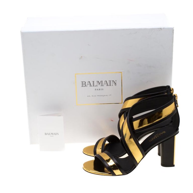 Balmain Metallic Gold And Black Leather Cross Strap Block Heel Sandals ...