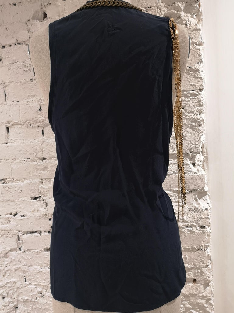 Balmain Navy Blue Sleeveless Top with Gold Chains For Sale at 1stDibs