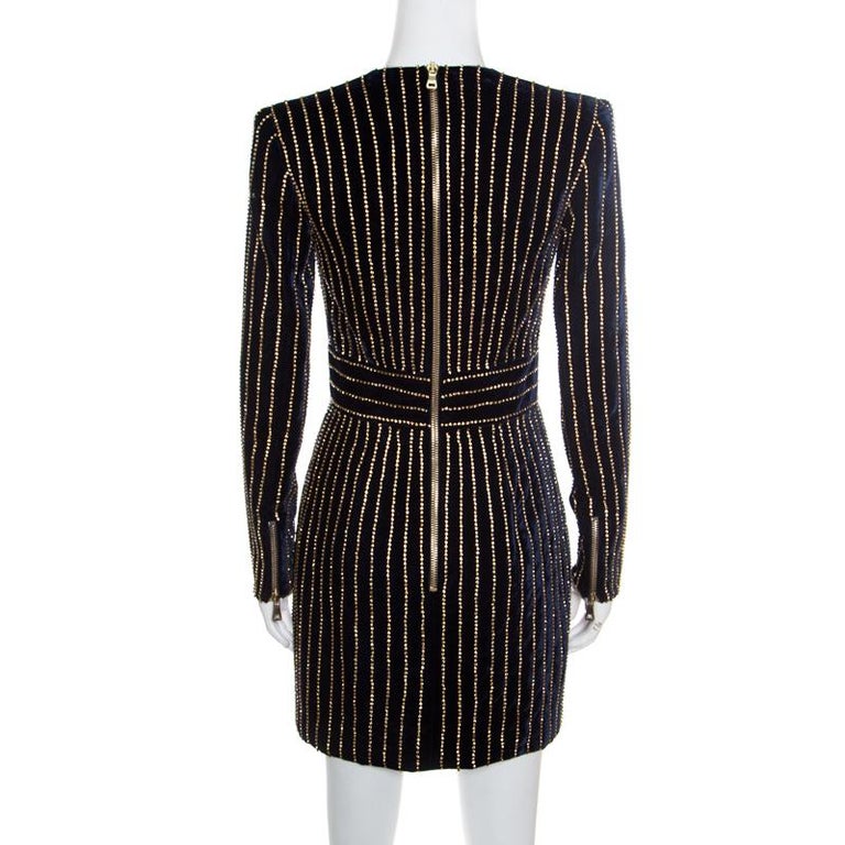 Balmain Navy Blue Velvet Crystal Embellished Long Sleeve Mini Dress M ...