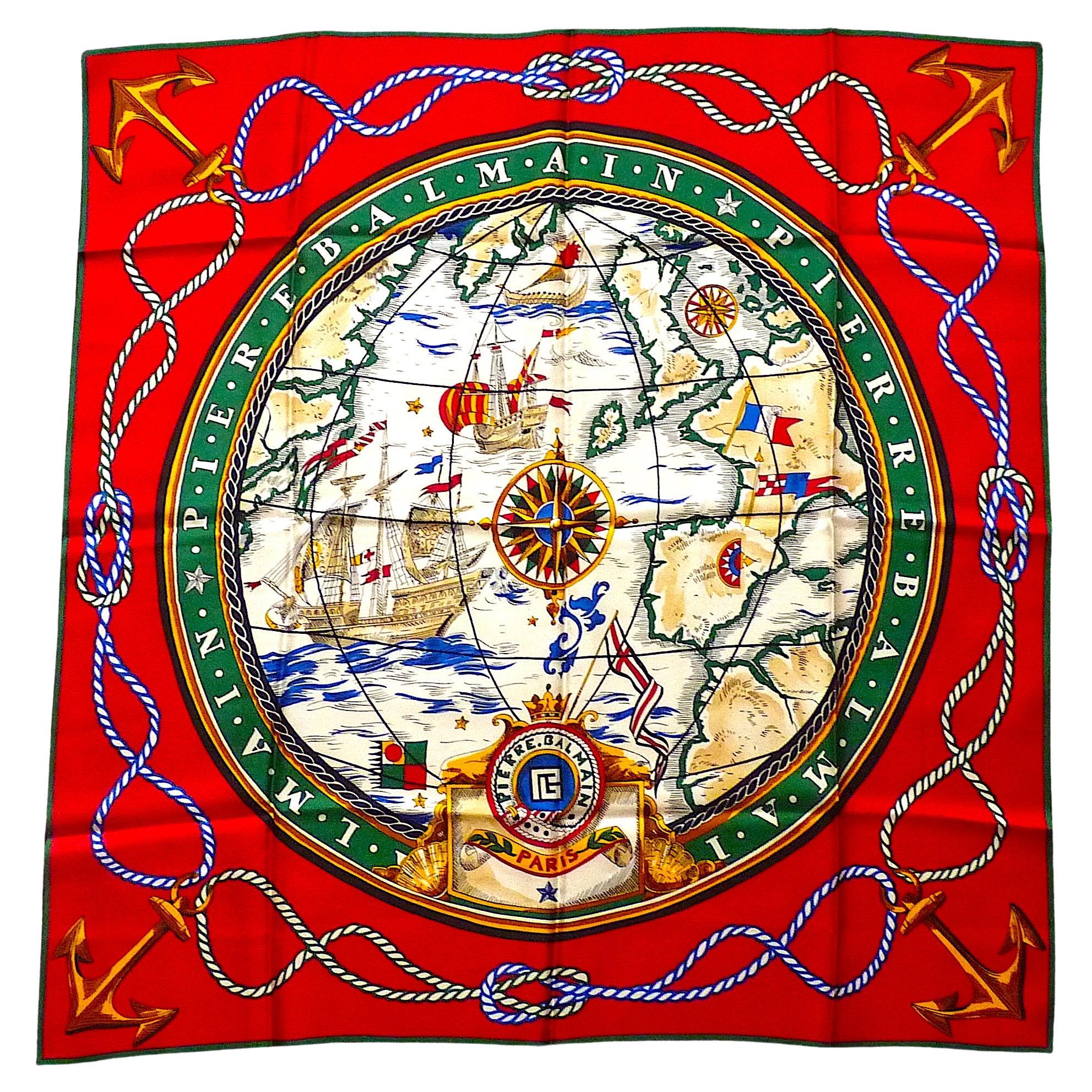 BALMAIN PARIS Red Black Sailing Silk Scarf, Vintage from the 1980s For ...