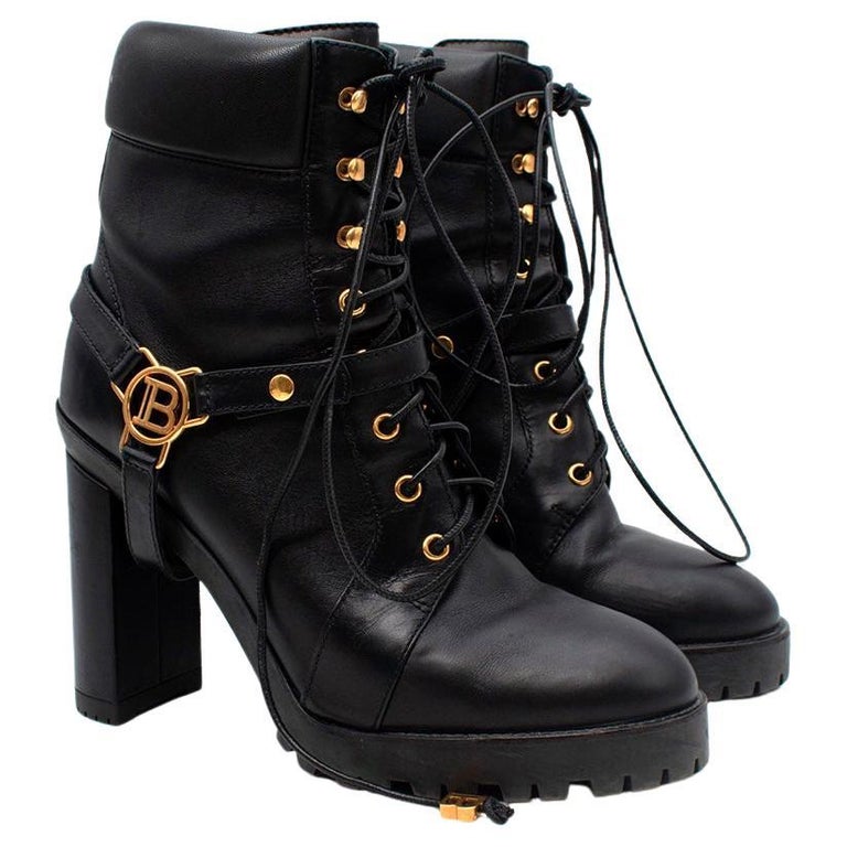 Balmain Petra Black Leather Heeled Combat Boots at 1stDibs