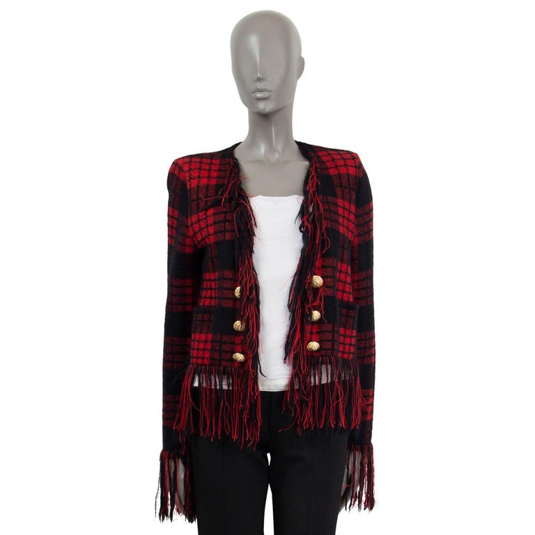 BALMAIN red and black mohair 2017 TARTAN FRINGED JACQUARD KNIT OPEN ...