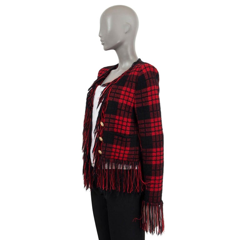 BALMAIN red and black mohair 2017 TARTAN FRINGED JACQUARD KNIT OPEN ...