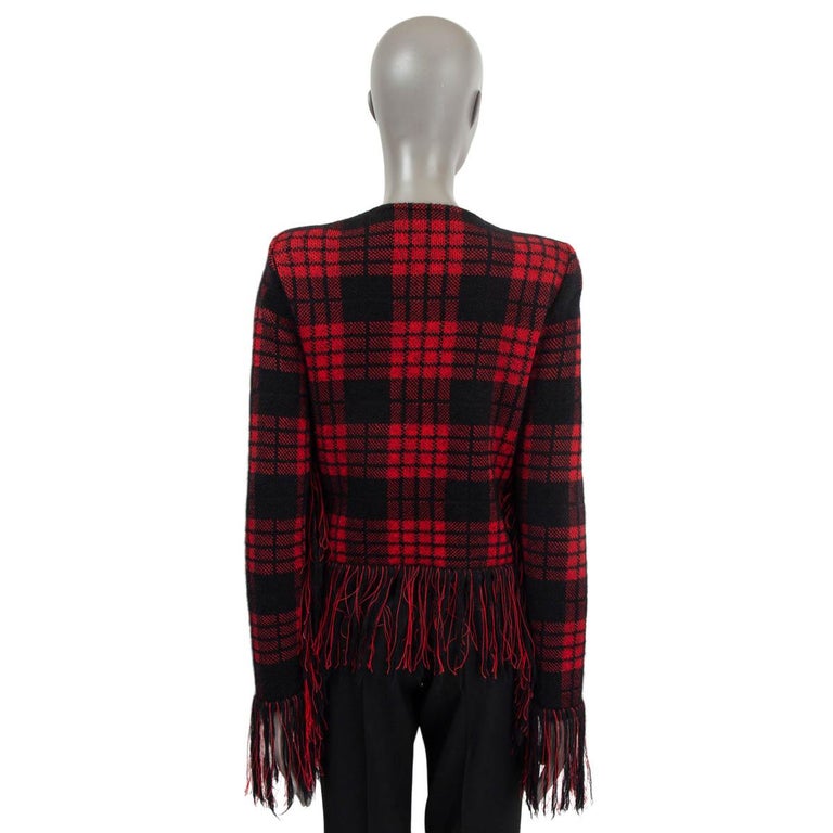 BALMAIN red and black mohair 2017 TARTAN FRINGED JACQUARD KNIT OPEN ...
