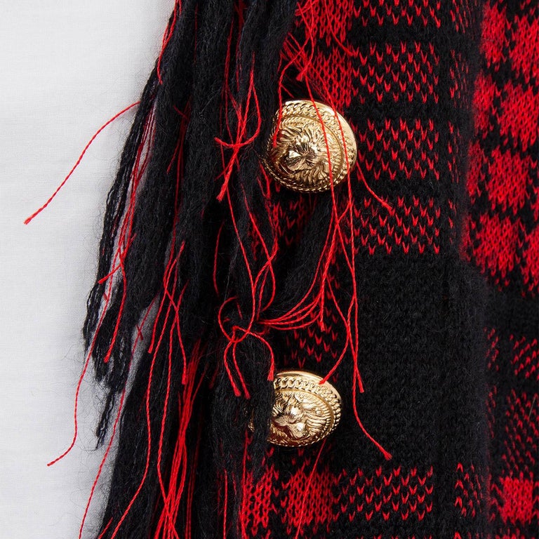 BALMAIN red and black mohair 2017 TARTAN FRINGED JACQUARD KNIT OPEN ...