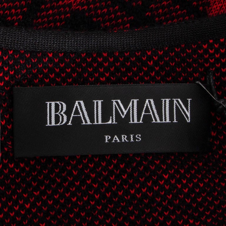 BALMAIN red and black mohair 2017 TARTAN FRINGED JACQUARD KNIT OPEN ...