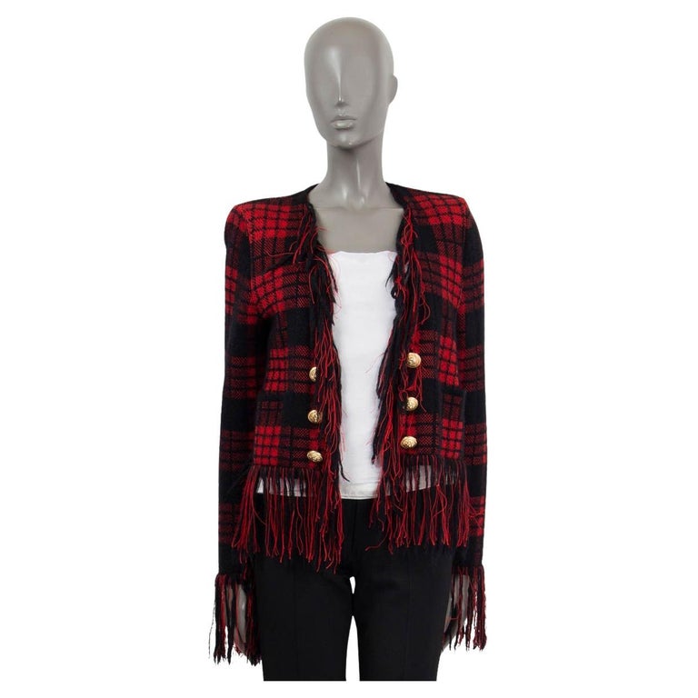 BALMAIN red and black mohair 2017 TARTAN FRINGED JACQUARD KNIT OPEN ...