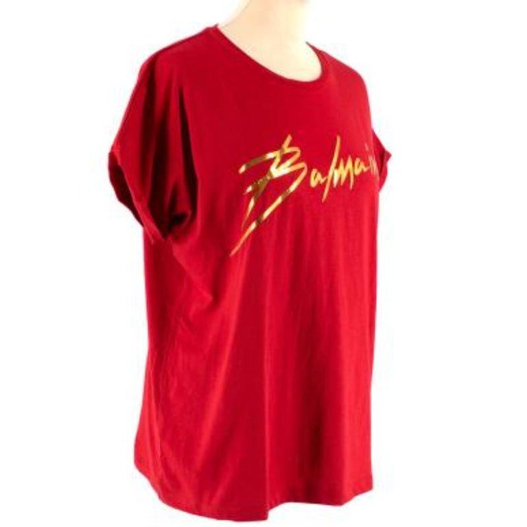 Balmain Red Foil Logo T-shirt For Sale at 1stDibs
