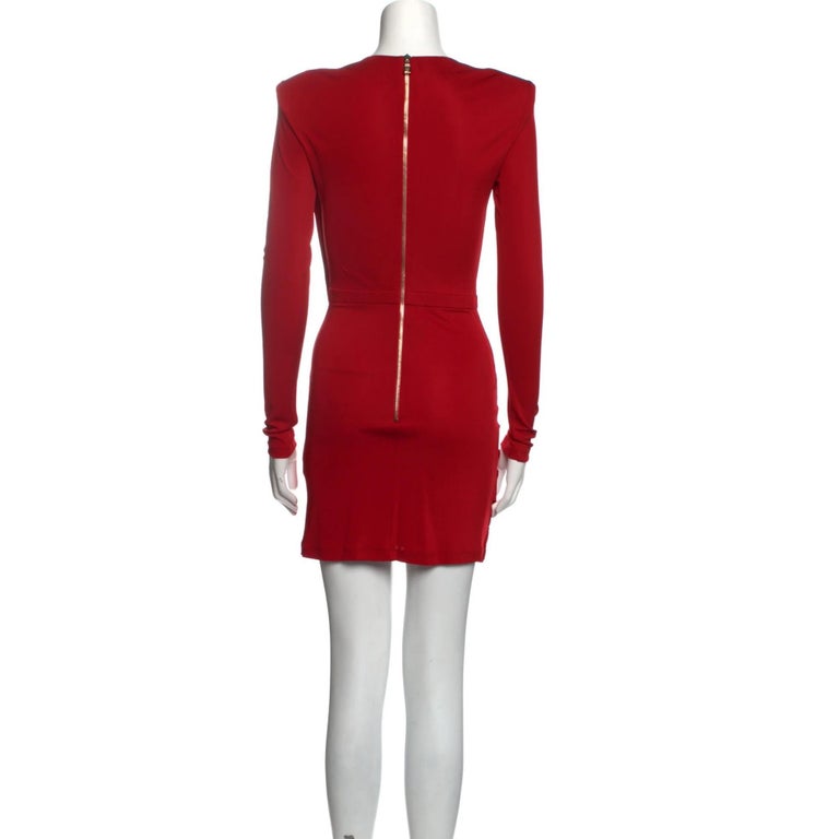 Balmain Red Ruched Wasit Strong Shoulder Dress (S | US4) For Sale at ...