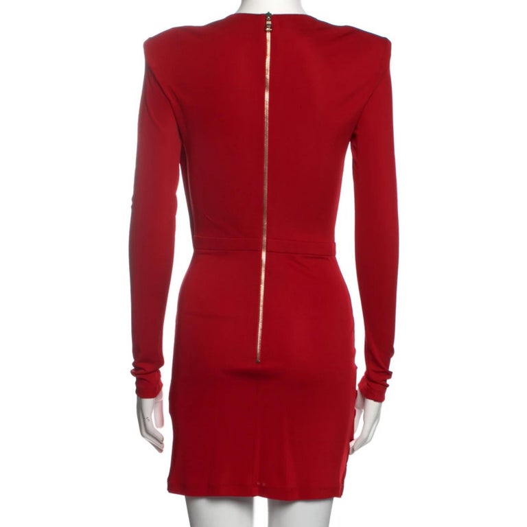 Balmain Red Ruched Wasit Strong Shoulder Dress (S | US4) For Sale at ...