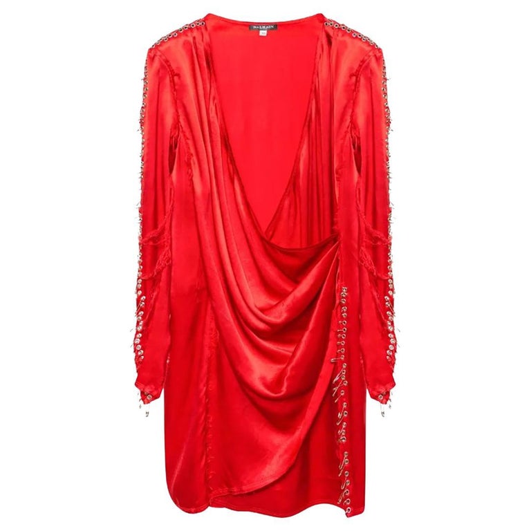 BALMAIN RED SILK PIN EMBELLISHED DRESS Sz FR 38 - US 6 For Sale at 1stDibs
