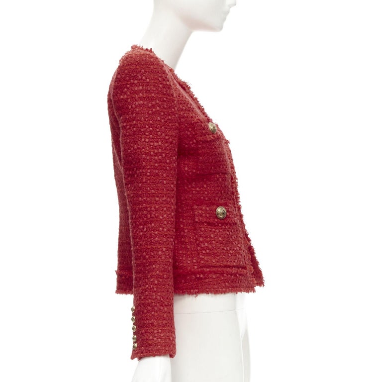 BALMAIN red tweed gold military button 4 pocket power blazer jacket ...