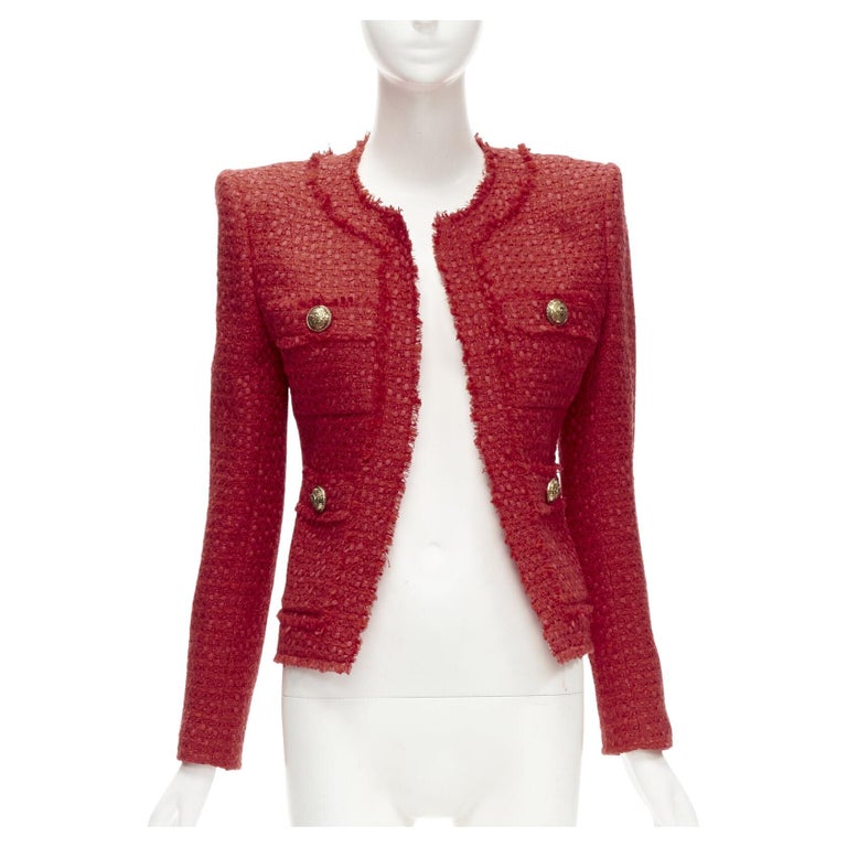 BALMAIN red tweed gold military button 4 pocket power blazer jacket ...