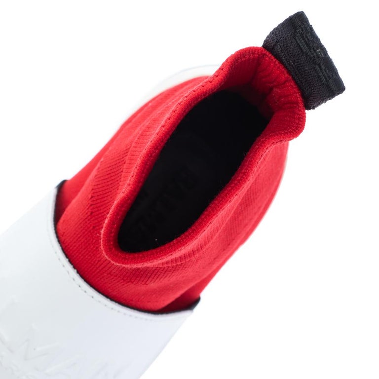 Balmain Red/White Stretch Knit and Leather Logo High Top Sneakers Size ...
