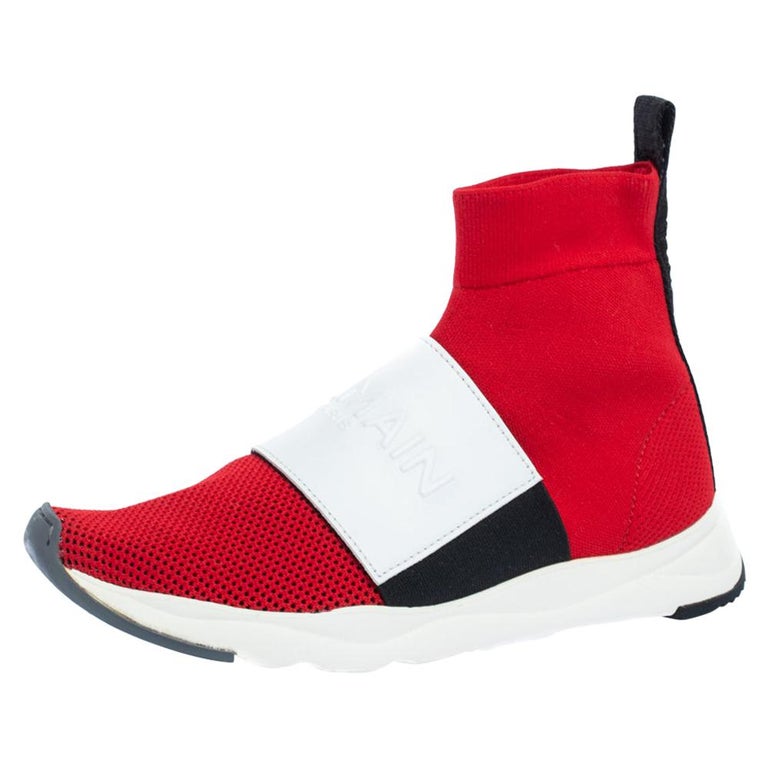 Balmain Red/White Stretch Knit and Leather Logo High Top Sneakers Size ...