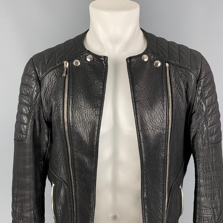 BALMAIN Size 42 Black Textured Leather Double Zipper Open Front ...