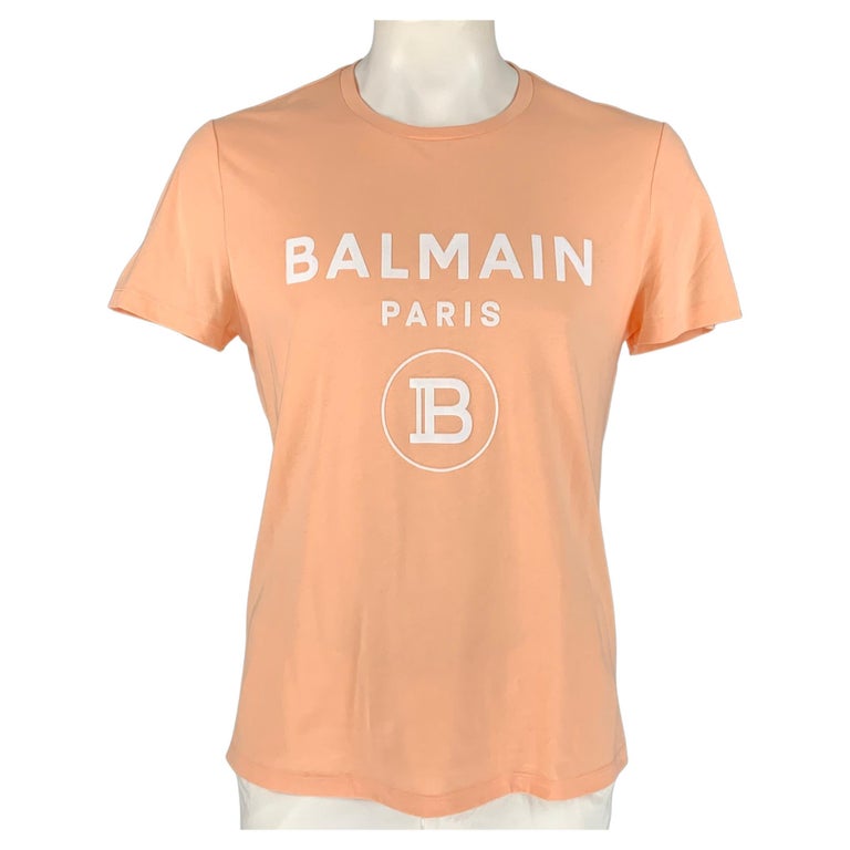 BALMAIN Size XL Peach Logo Cotton Crew-Neck T-shirt For Sale at 1stDibs