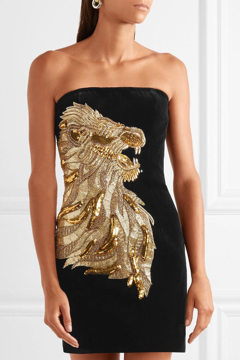 BALMAIN Strapless embellished velvet mini dress at 1stDibs | strapless ...