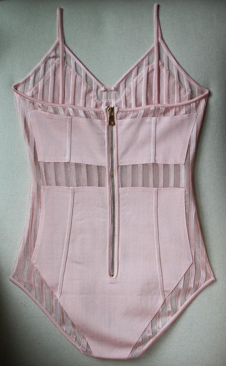 Balmain Striped Tulle-Paneled Stretch-Jersey Bodysuit at 1stDibs