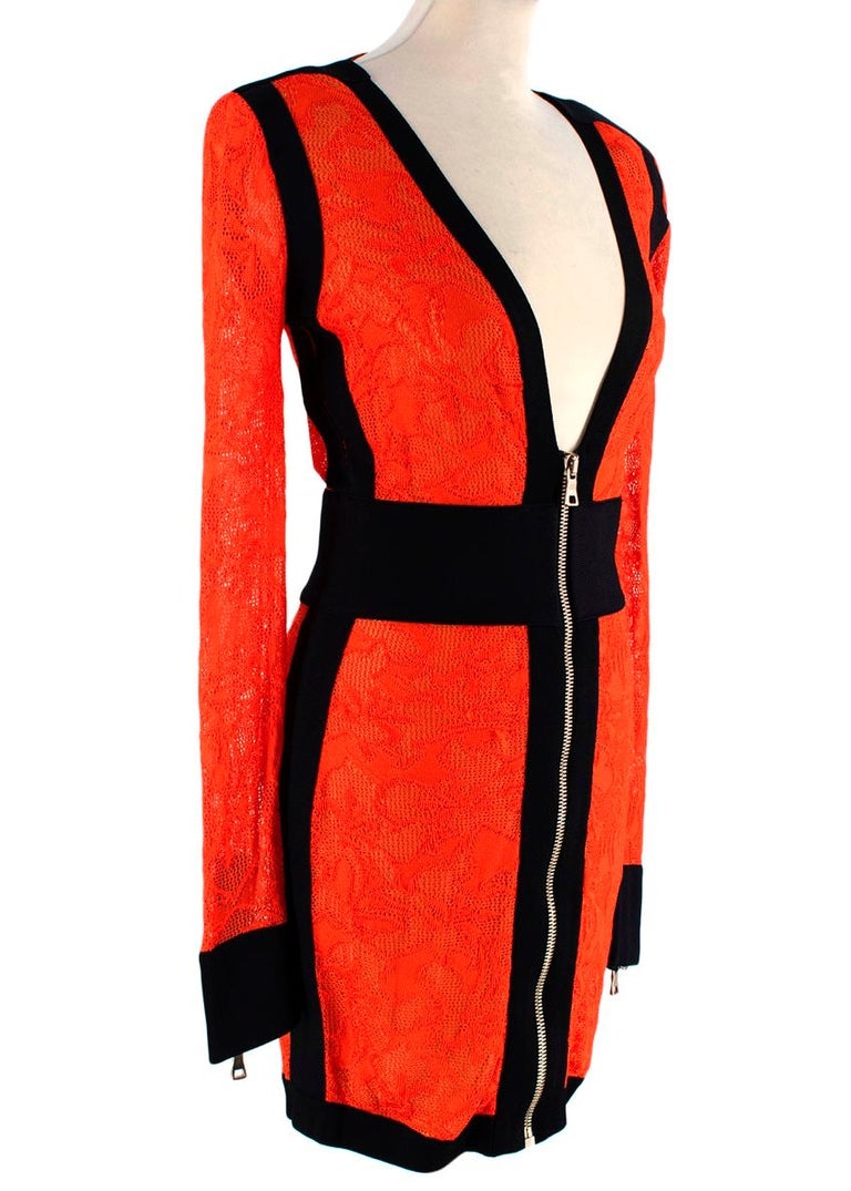 Balmain Vermillion Red Lace and Black Elastic Mini Dress For Sale at ...
