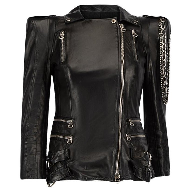 Balmain Women's Black Leather Chain Accent Biker Jacket For Sale at 1stDibs