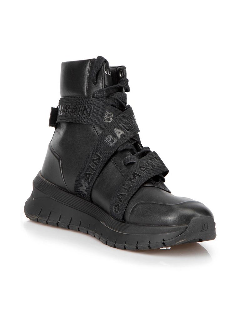 Balmain Women's Black Leather Logo Strap Combat Boots For Sale at 1stDibs
