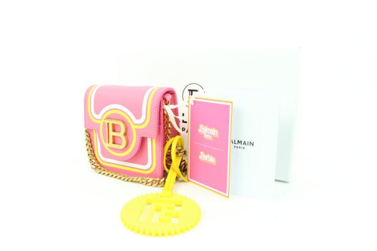 Balmain x Barbie Pink x Yellow Leather Mini Chain Crossbody Flap Bag ...