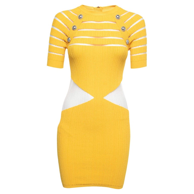 Balmain Yellow Rib Knit and Mesh Inset Short Sleeve Bodycon Dress S For ...