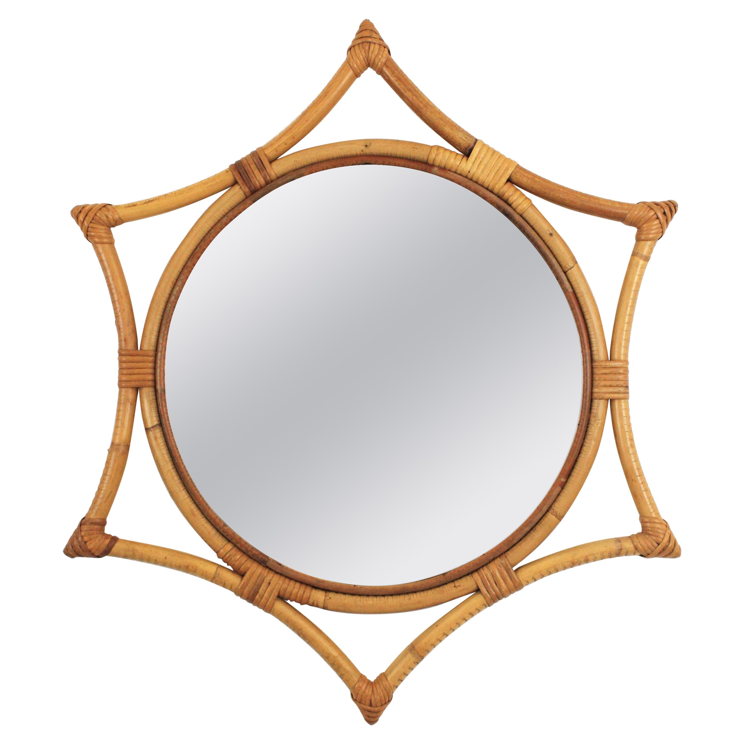 Large Rattan and Bamboo Flower Shaped Oval Mirror, Spain, 1960s at 1stDibs