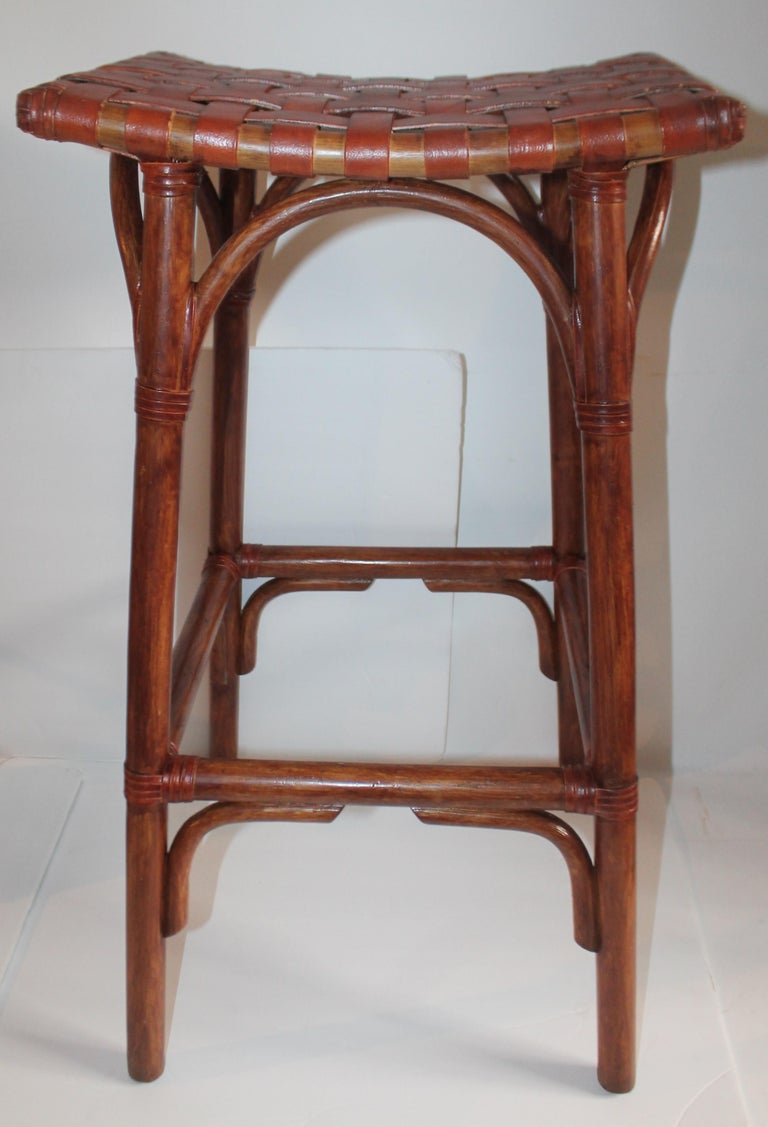 Bamboo Bar Stools with Leather Seats, Pair at 1stDibs