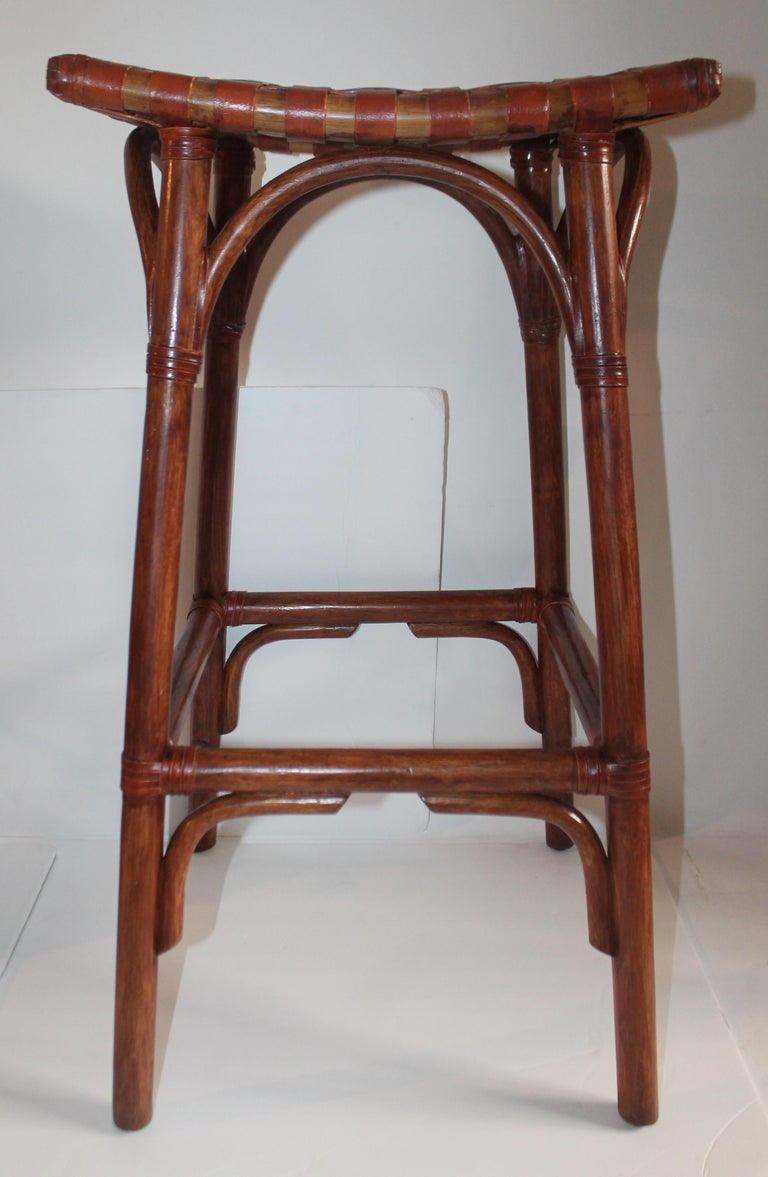 Bamboo Bar Stools with Leather Seats, Pair at 1stDibs