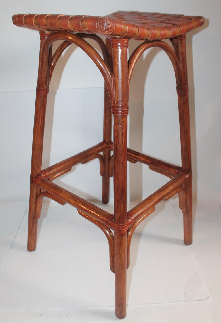 Bamboo Bar Stools with Leather Seats, Pair at 1stDibs
