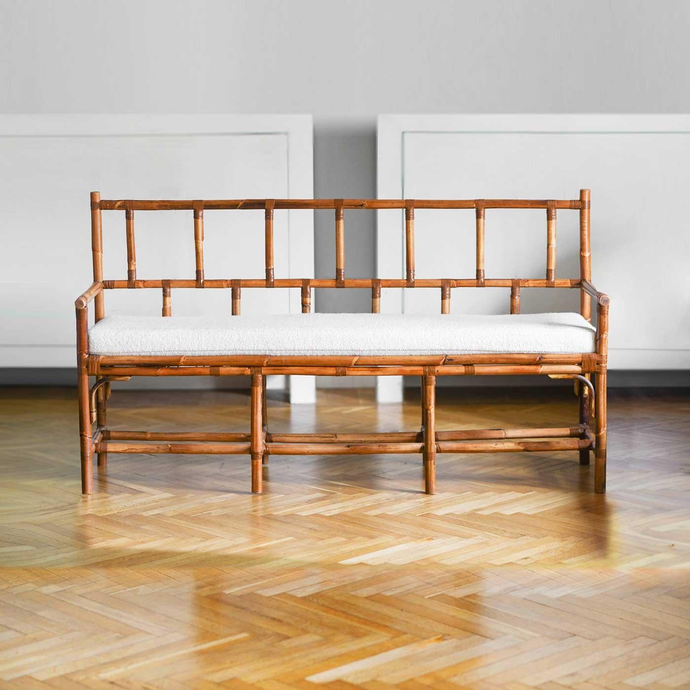 Bamboo bench with leather bindings complete with cushion in Dedar ...