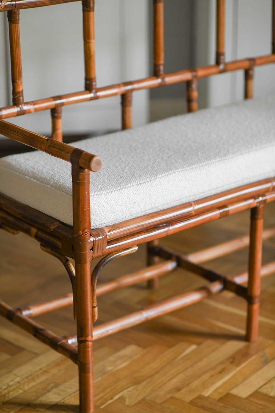 Bamboo bench with leather bindings complete with cushion in Dedar ...