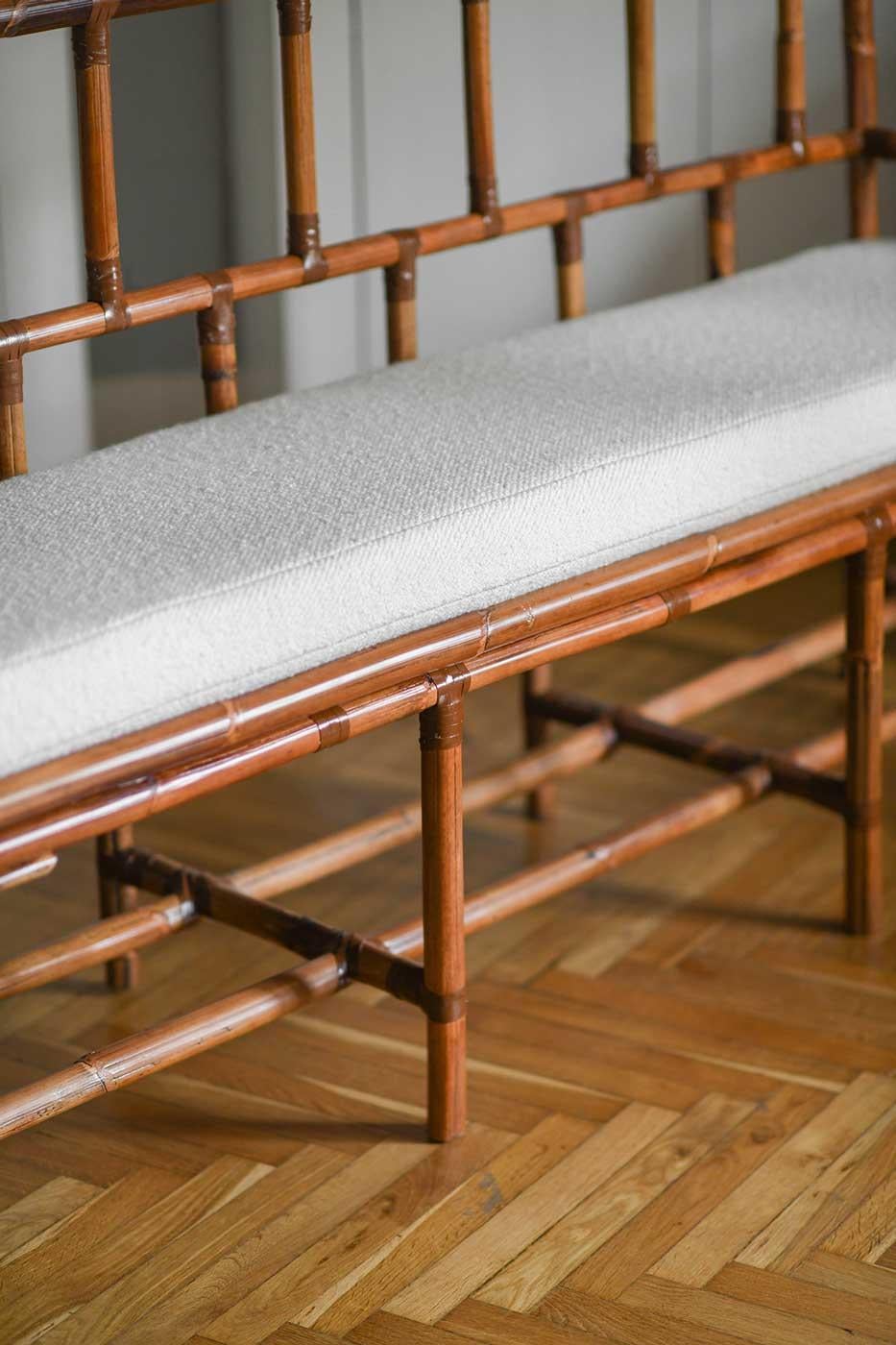 Bamboo bench with leather bindings complete with cushion in Dedar ...