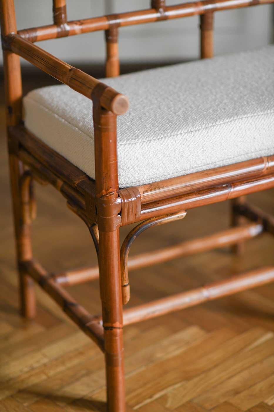 Bamboo bench with leather bindings complete with cushion in Dedar ...