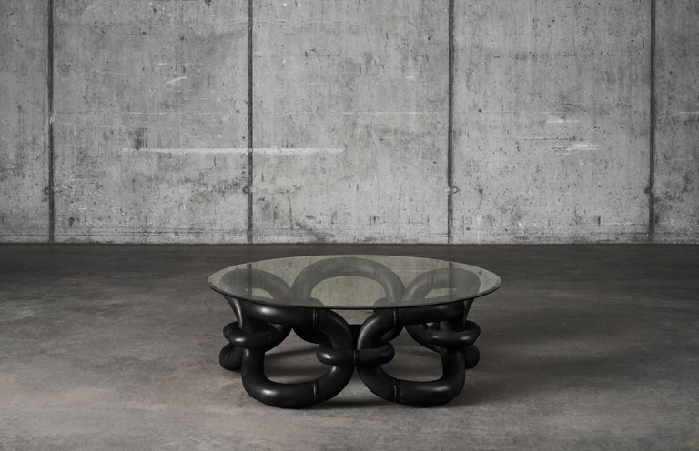 Bamboo Bracelet Coffee Table Black with Glass Top For Sale at 1stDibs