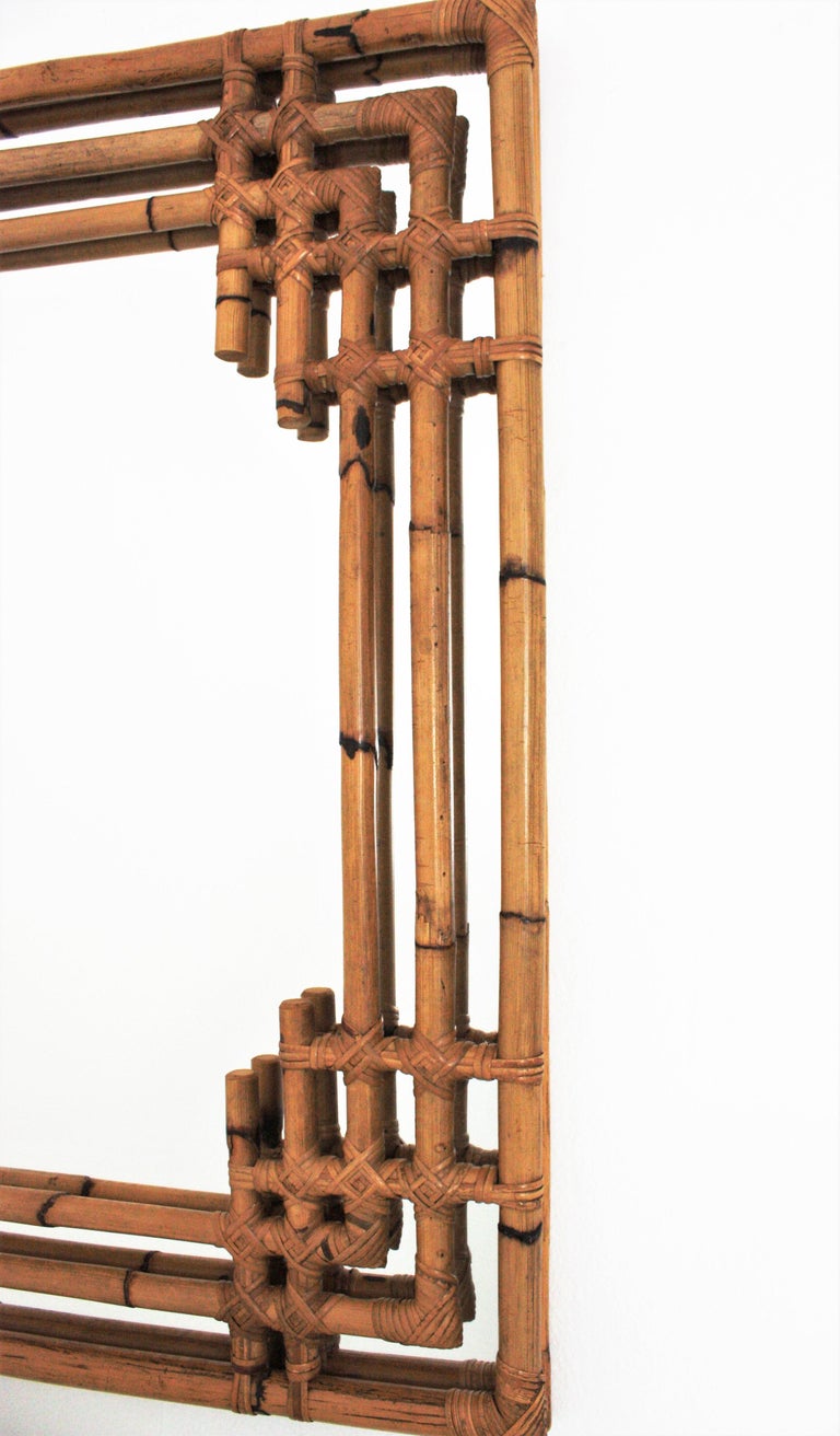 Bamboo Rattan Large Rectangular Wall Mirror, 1960s at 1stDibs