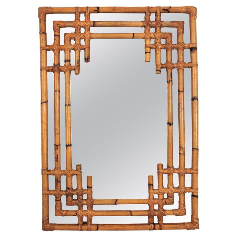 Bamboo Rattan Large Rectangular Wall Mirror, 1960s at 1stDibs