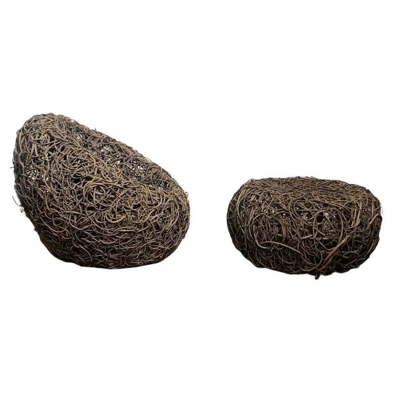 Bamboo Puff Chair and Wicker, 1970, Set of 2 For Sale at 1stDibs