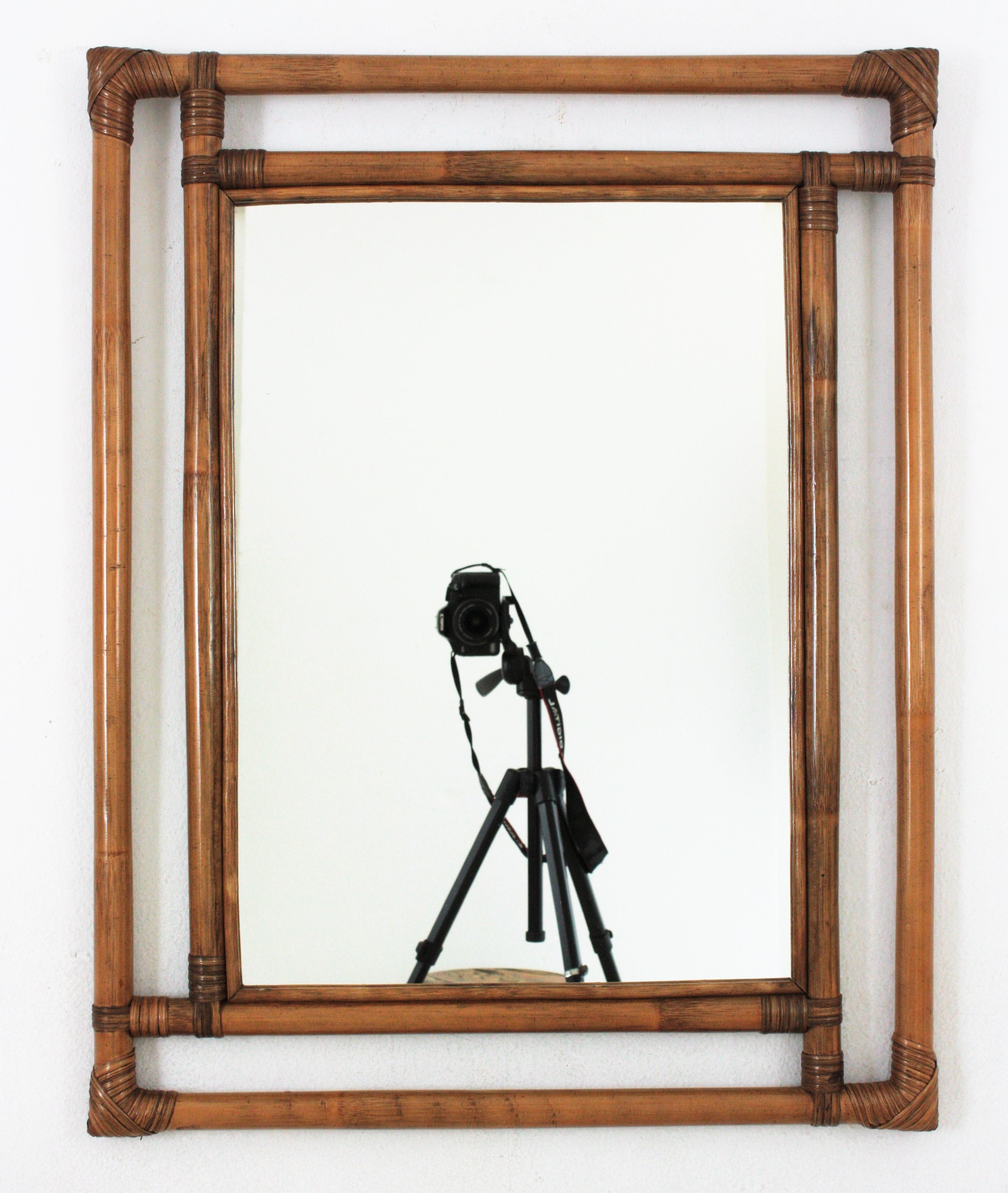 Bamboo Rattan Large Rectangular Mirror with Geometric Frame, 1960s For ...