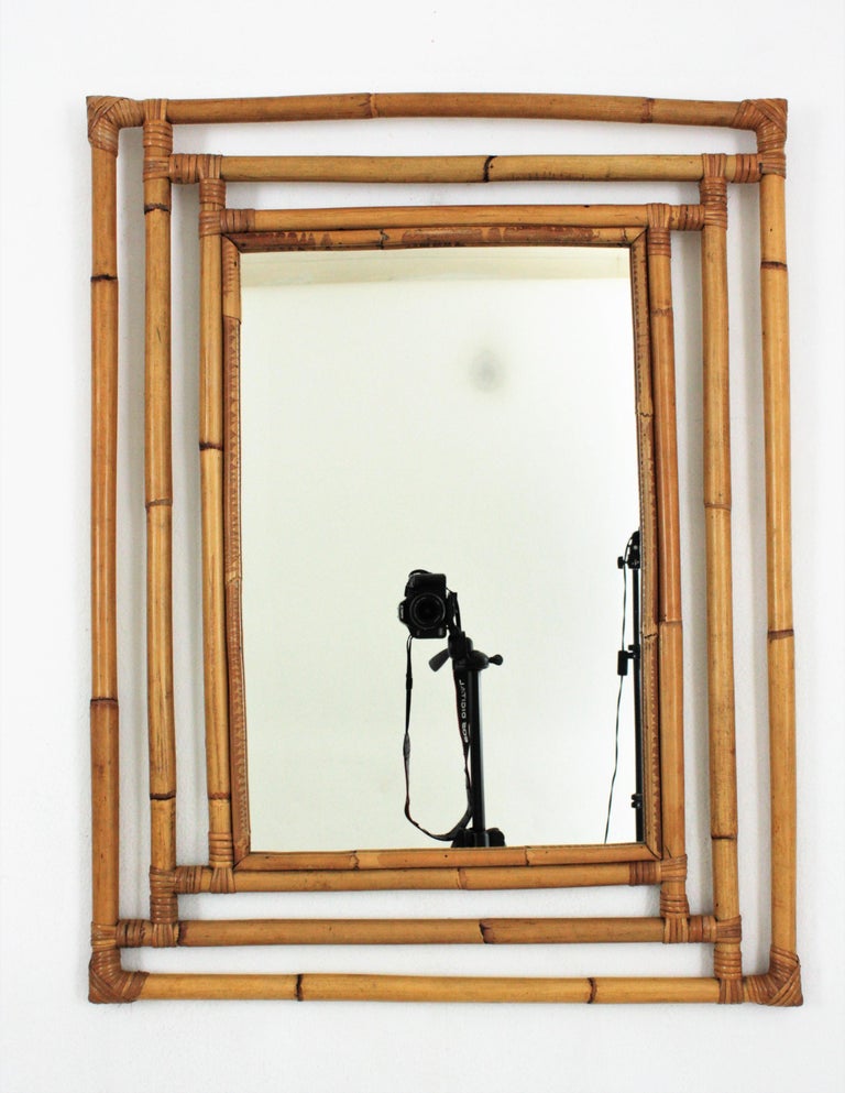 Bamboo Rattan Rectangular Large Mirror with Geometric Frame, 1960s at ...
