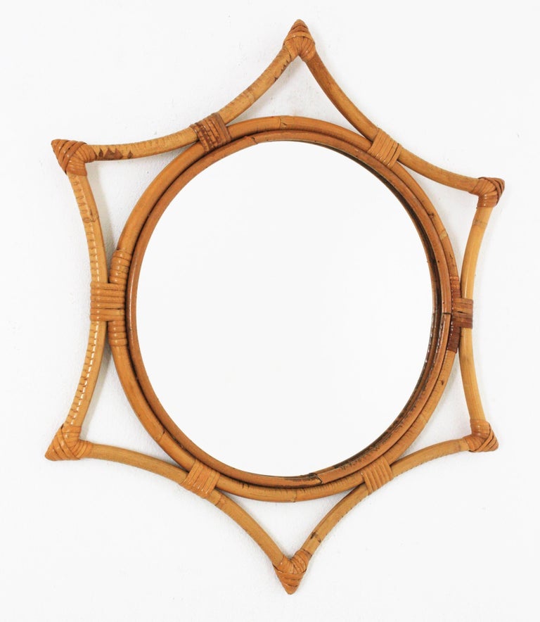 Bamboo Rattan Starburst Sunburst Mirror, 1960s For Sale at 1stDibs