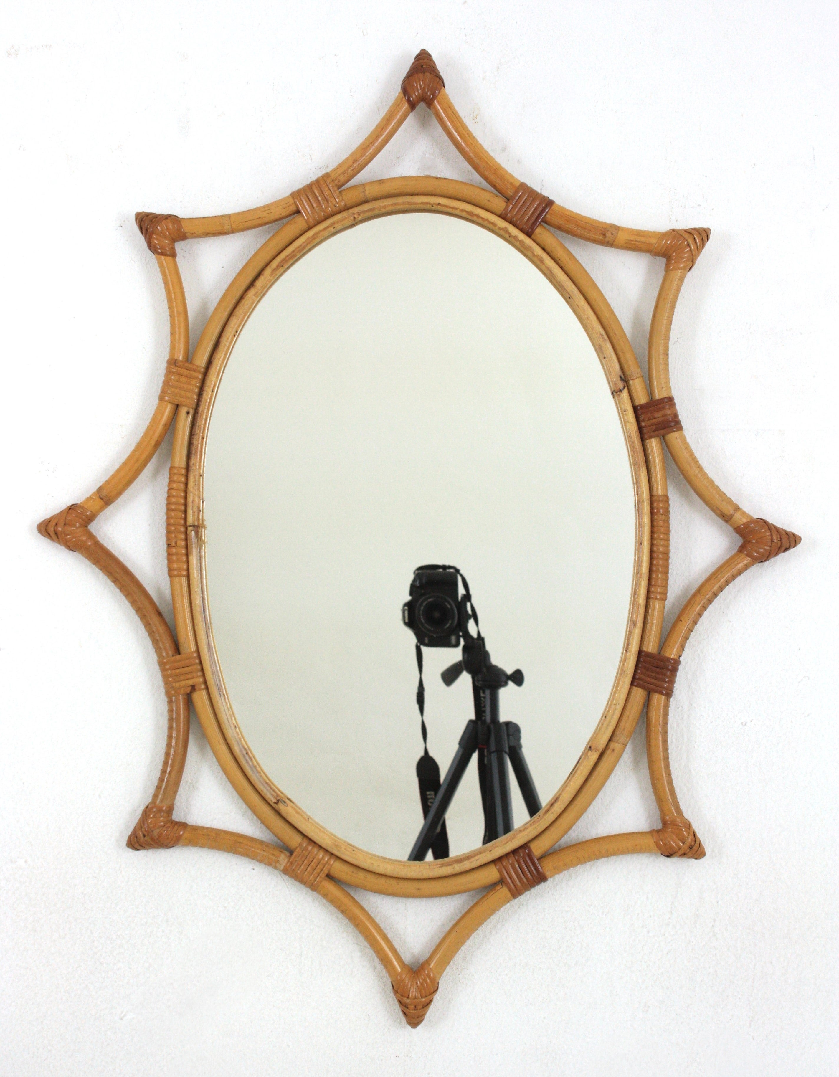 Bamboo Rattan Starburst Sunburst Oval Mirror, 1960s For Sale at 1stDibs