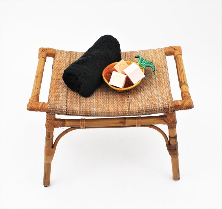 Bamboo Stool, Ottoman or Bench with Cane Seat at 1stDibs