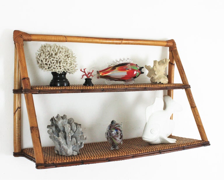 Bamboo Wicker Weave Wall Shelf, 1950s For Sale at 1stDibs