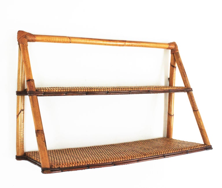 Bamboo Wicker Weave Wall Shelf, 1950s For Sale at 1stDibs